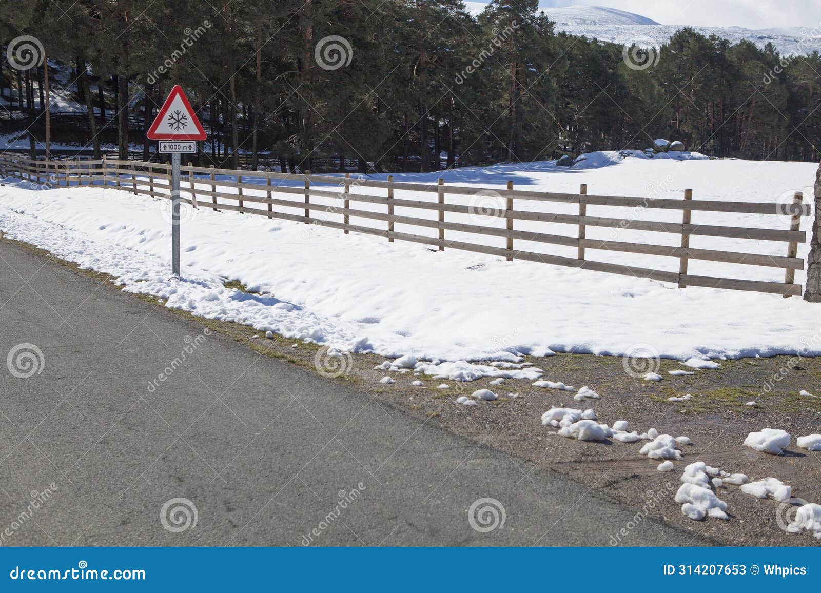 Snow Road Sign on a Local Mountain Road Stock Image - Image of safety ...