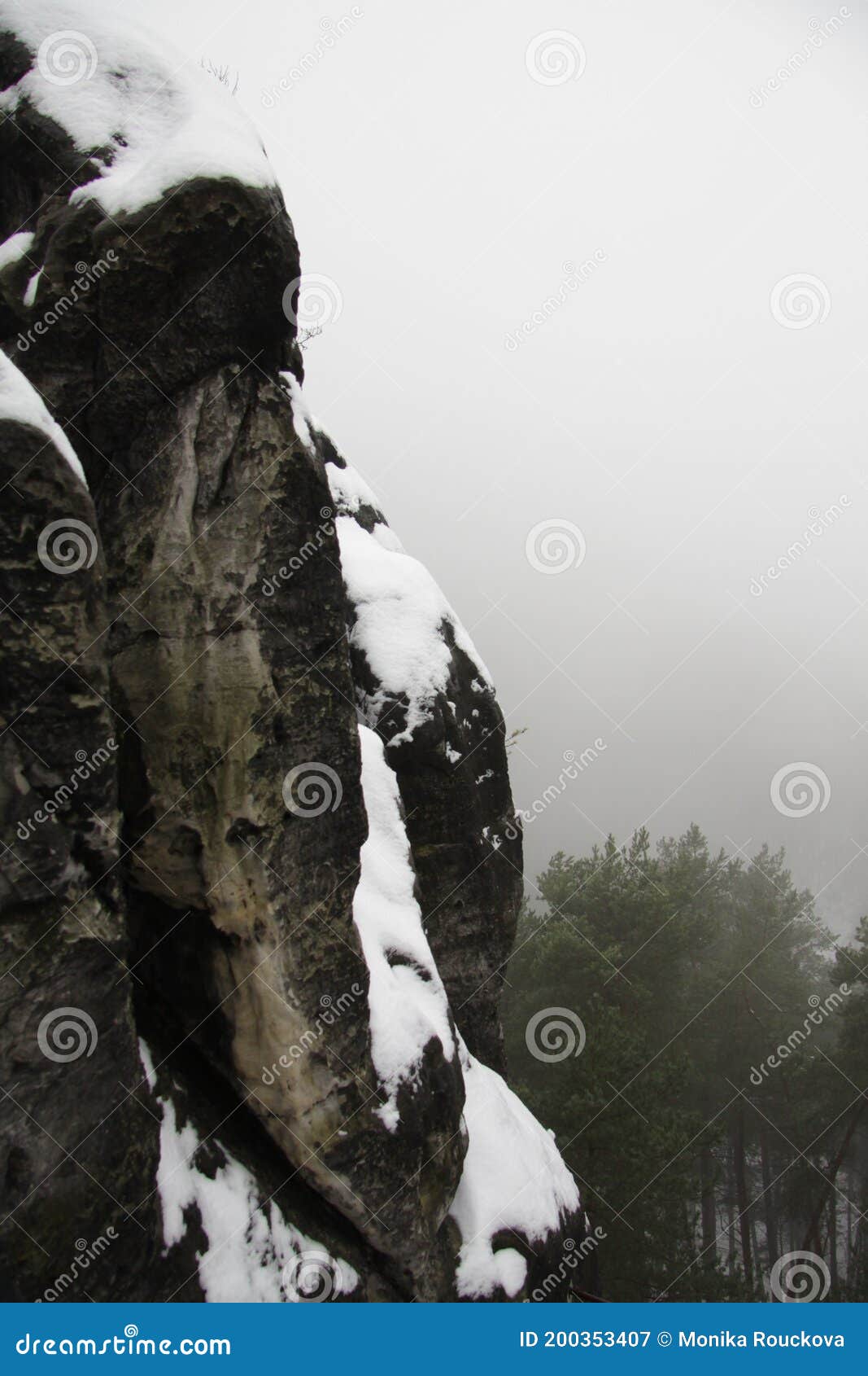 Snow Rock Winter Trees Mist Nature Stock Image - Image of water, trees ...