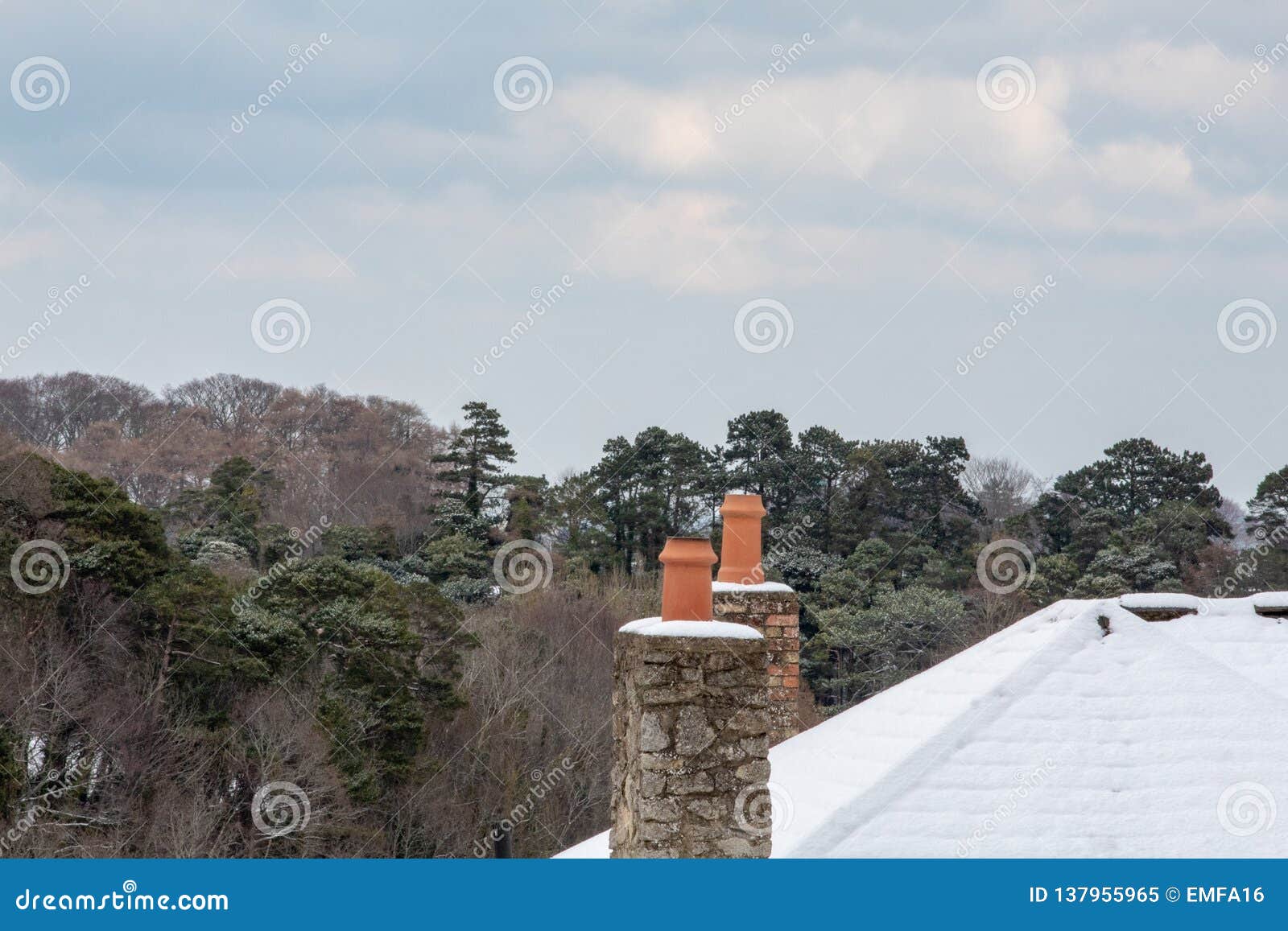 Snow on a Rooftop Overlooking a Winter Woodland Stock Image - Image of ...