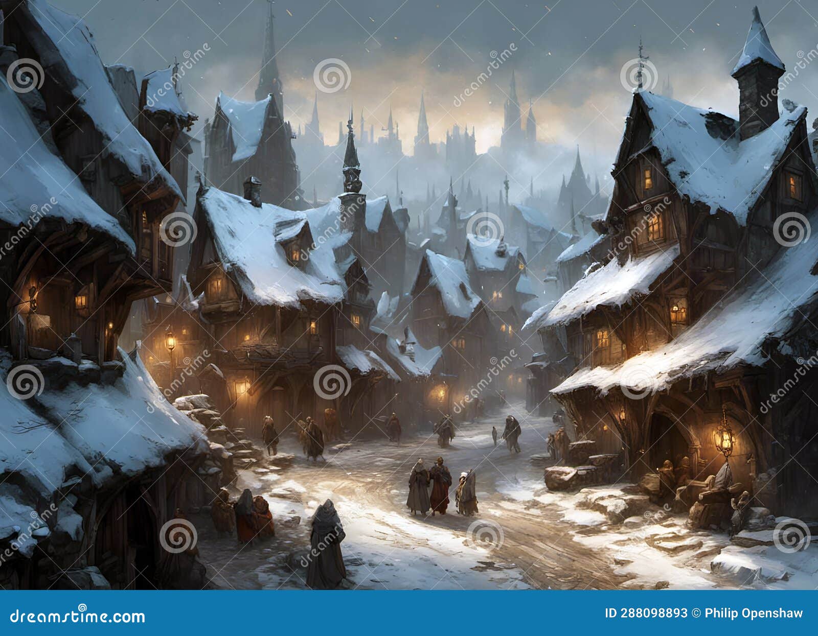 Snow Scene with Fantasy Style Medieval Storybook Fairytale Town with ... Snow Scene with Fantasy Style Medieval Storybook Fairytale Town with ...