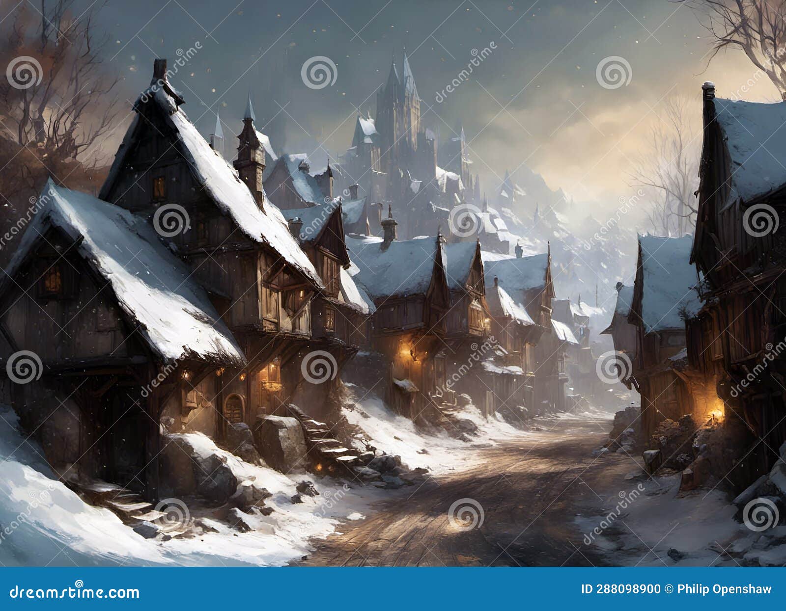 Snow Scene with Fantasy Style Medieval Storybook Fairytale Town with ... Snow Scene with Fantasy Style Medieval Storybook Fairytale Town with ...