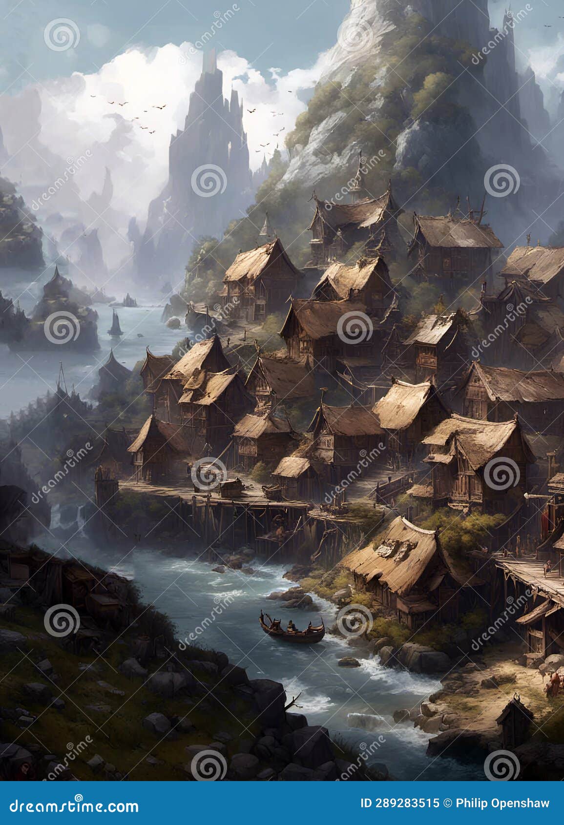 Snow Scene with Fantasy Medieval Storybook Viking Town with Houses ... Snow Scene with Fantasy Medieval Storybook Viking Town with Houses ...