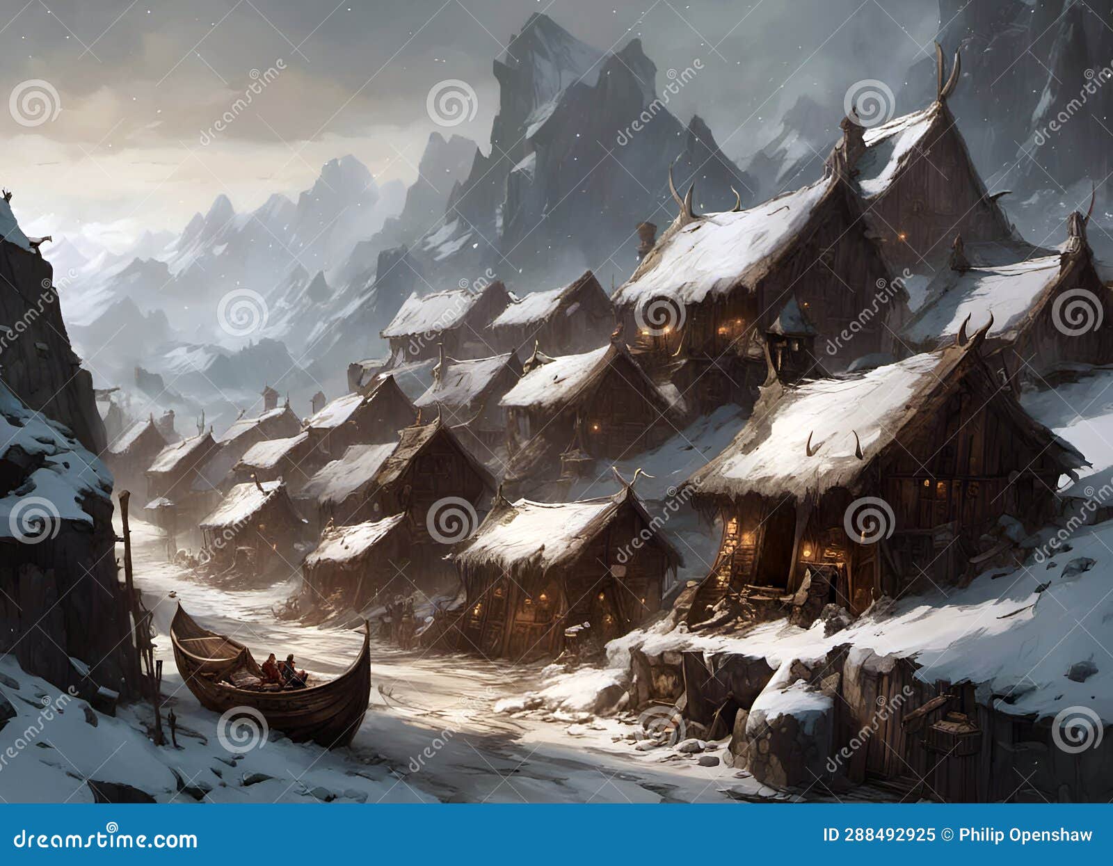 Snow Scene with Fantasy Style Medieval Storybook Viking Town with ... Snow Scene with Fantasy Style Medieval Storybook Viking Town with ...