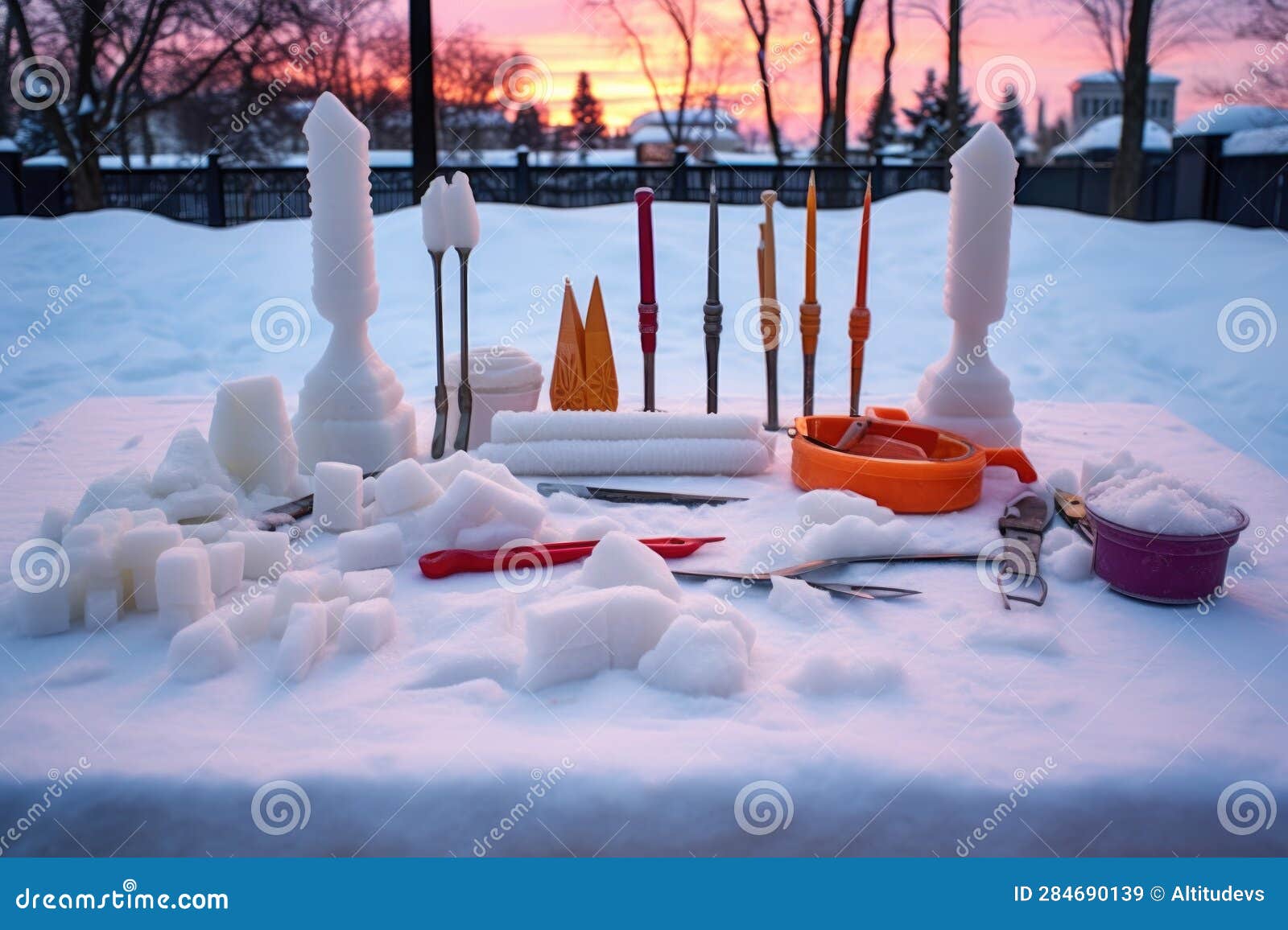 Snow Sculpting Tools Laid Out on Snow-covered Table Stock Image - Image ...