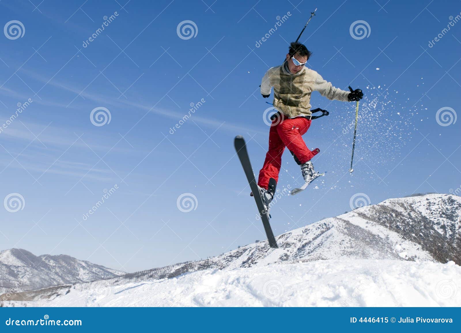 Snow Skier Jumping Over Blue Sky Stock Image - Image of leisure ...