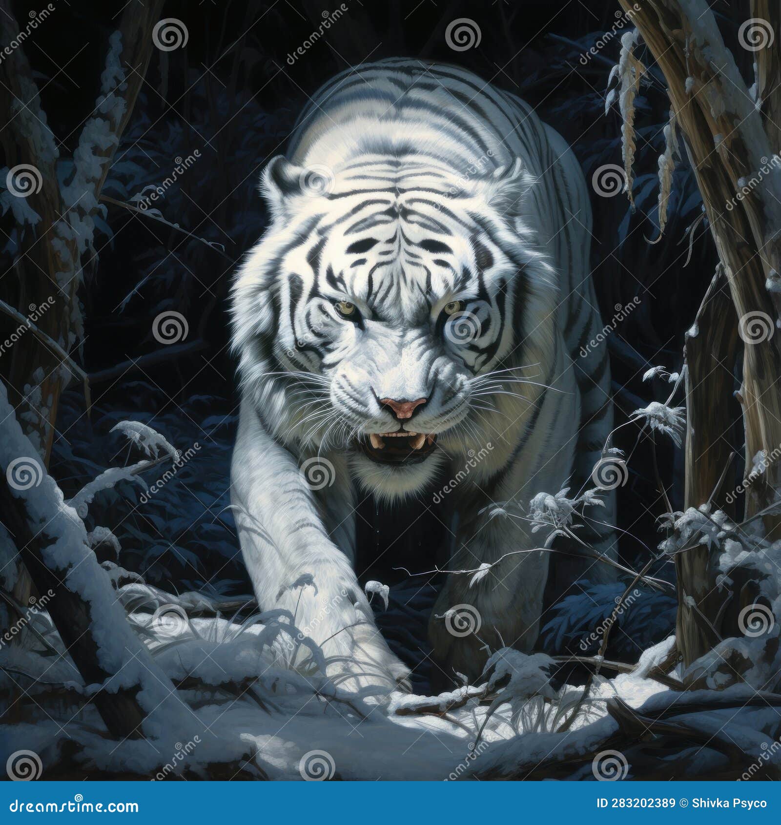 A Snow Tiger Walking on the Snow Forest Photo Stock Illustration ...