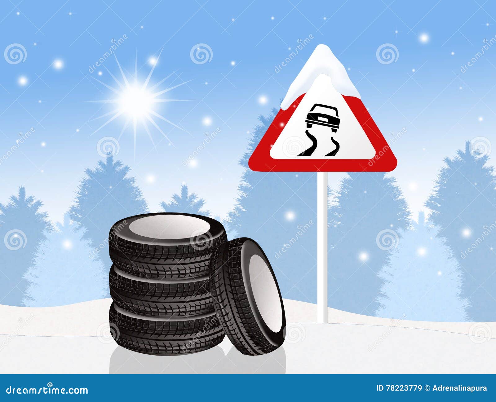 Snow tires in the snow stock illustration. Illustration of road - 78223779