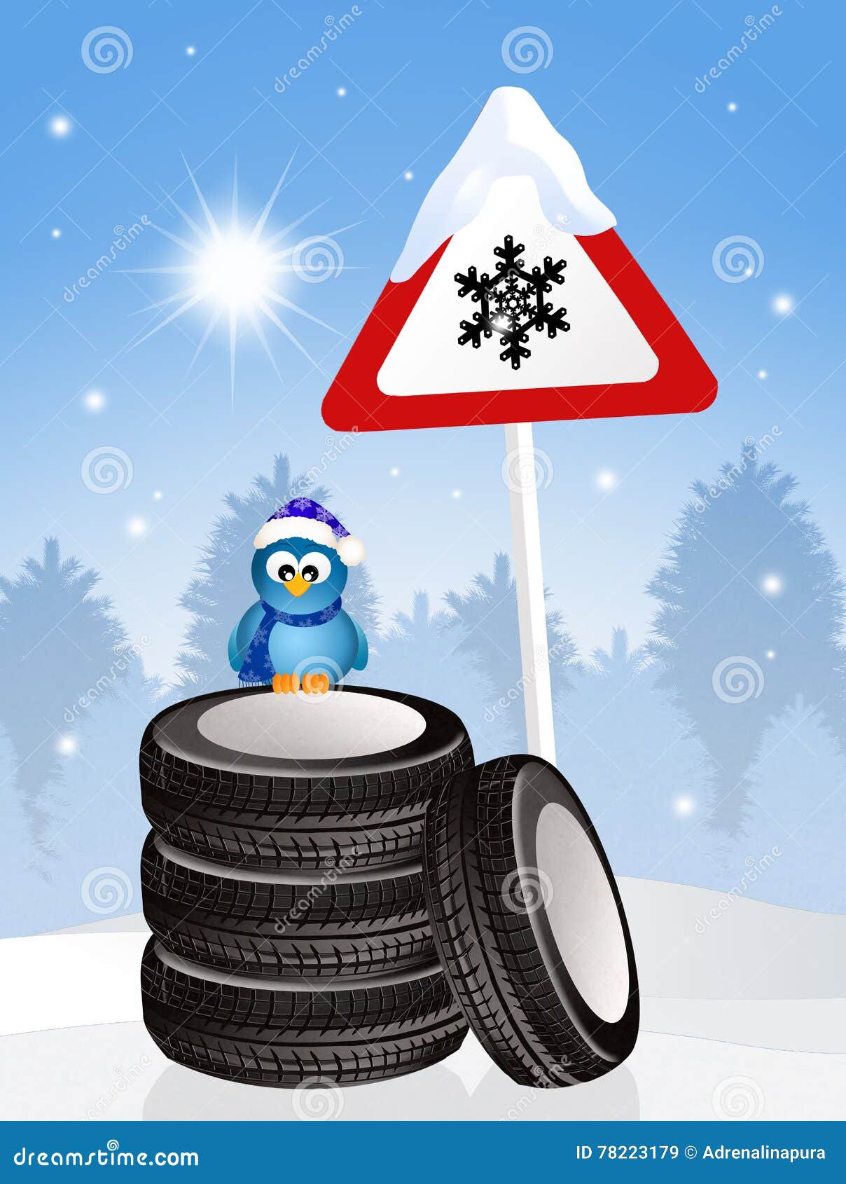Snow tires in winter stock illustration. Illustration of bird - 78223179