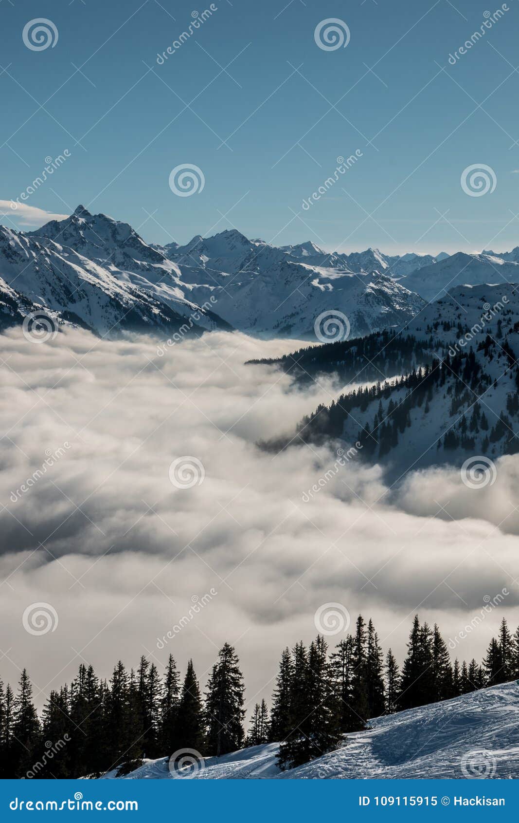Snow on the Top of the Mountains and Fog Down the Valley Stock Image ...