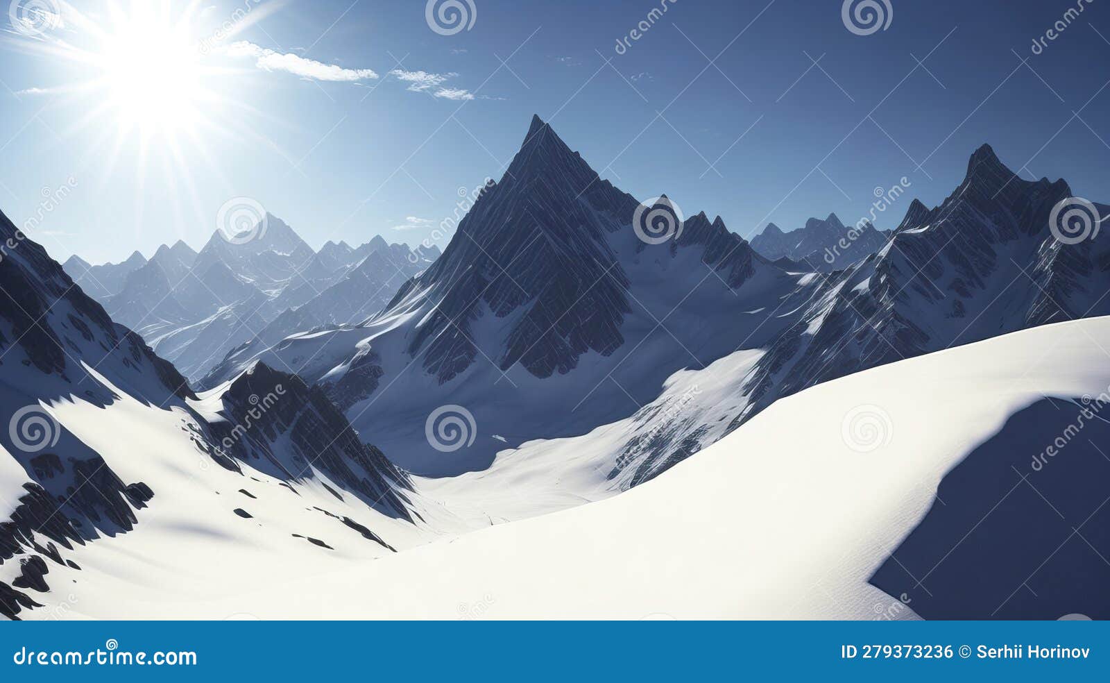 Snow Top of Mountains, Wide Angle Shot, Sharp, Sun Shine. AI Generated ...