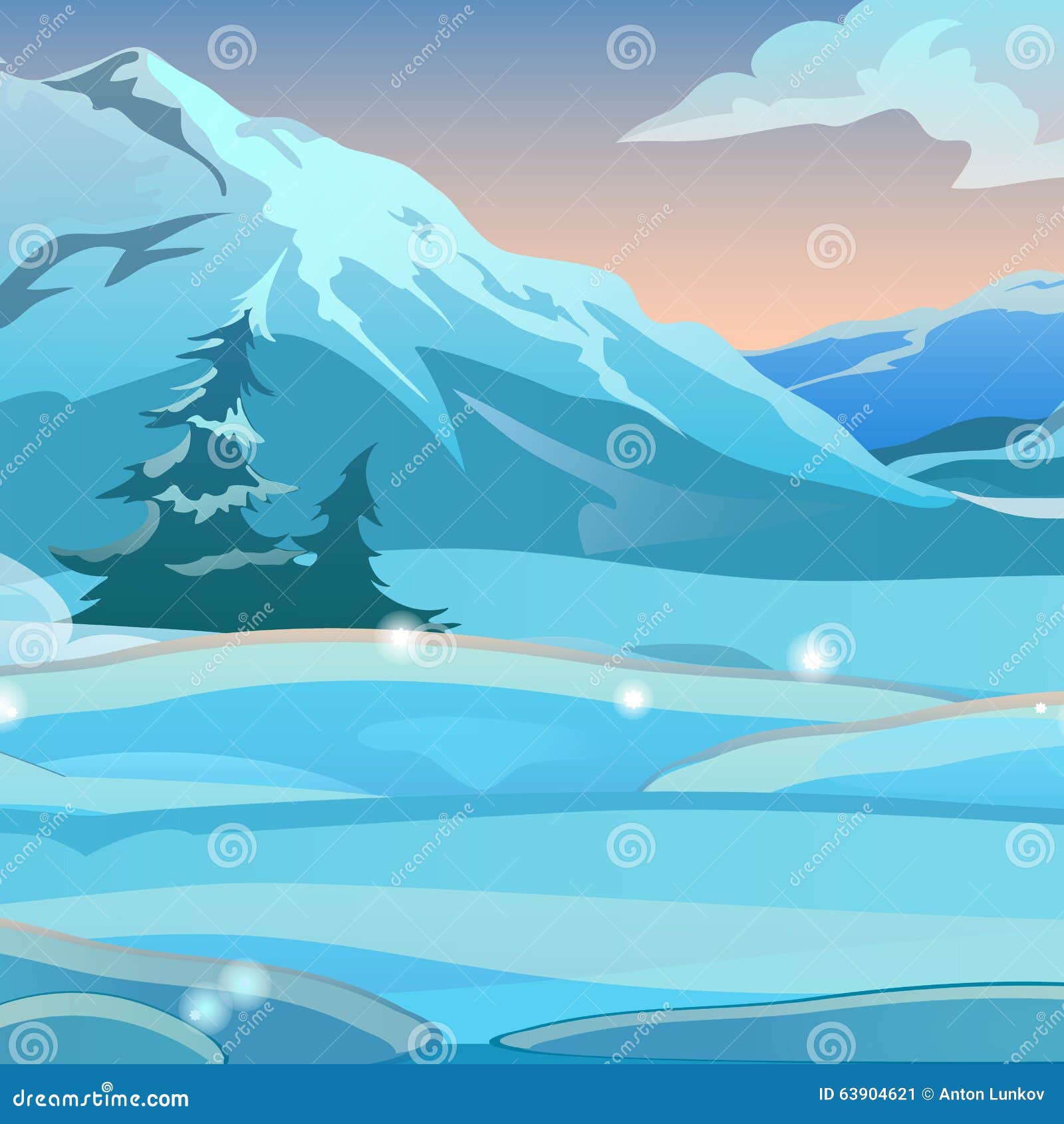Snow Valley with Mountains and Fir Trees Stock Illustration ...