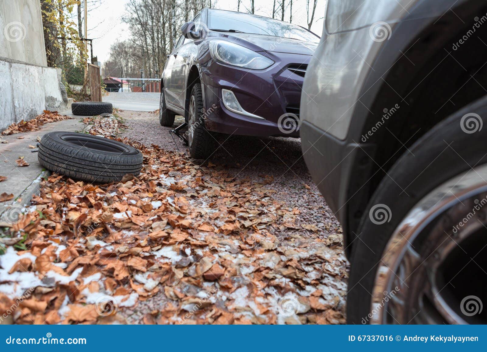 Snow Wheels Installing for Winter Season at Autumn Stock Photo - Image ...