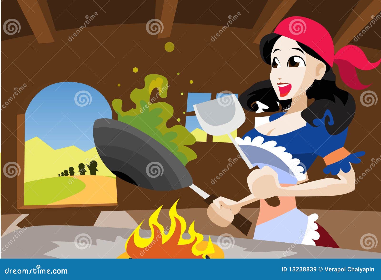 Snow White Cooking Supper stock illustration. Illustration of skillet ...