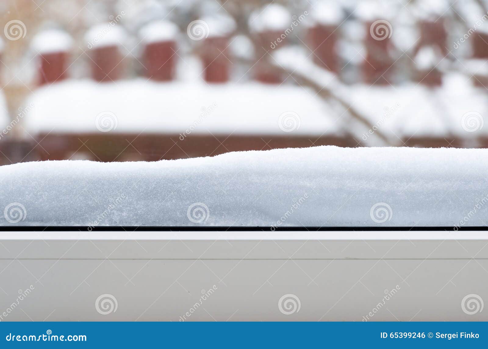Snow on the window sill stock photo. Image of buildings - 65399246