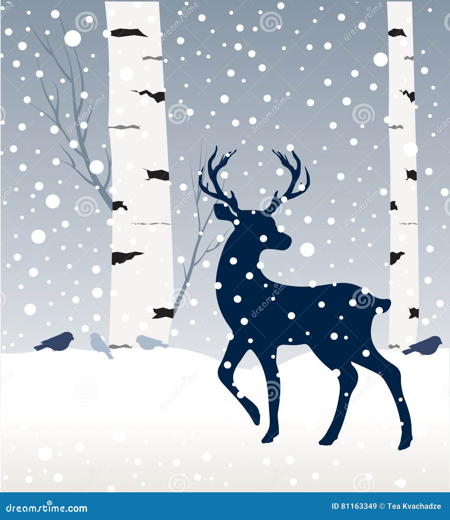 Snow Winter Landscape with Deer,birds and Birch Tree Stock Vector ...