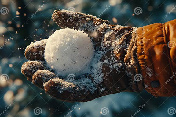 Snowball Held in Gloved Hand with Falling Snow in Winter Forest Setting ...