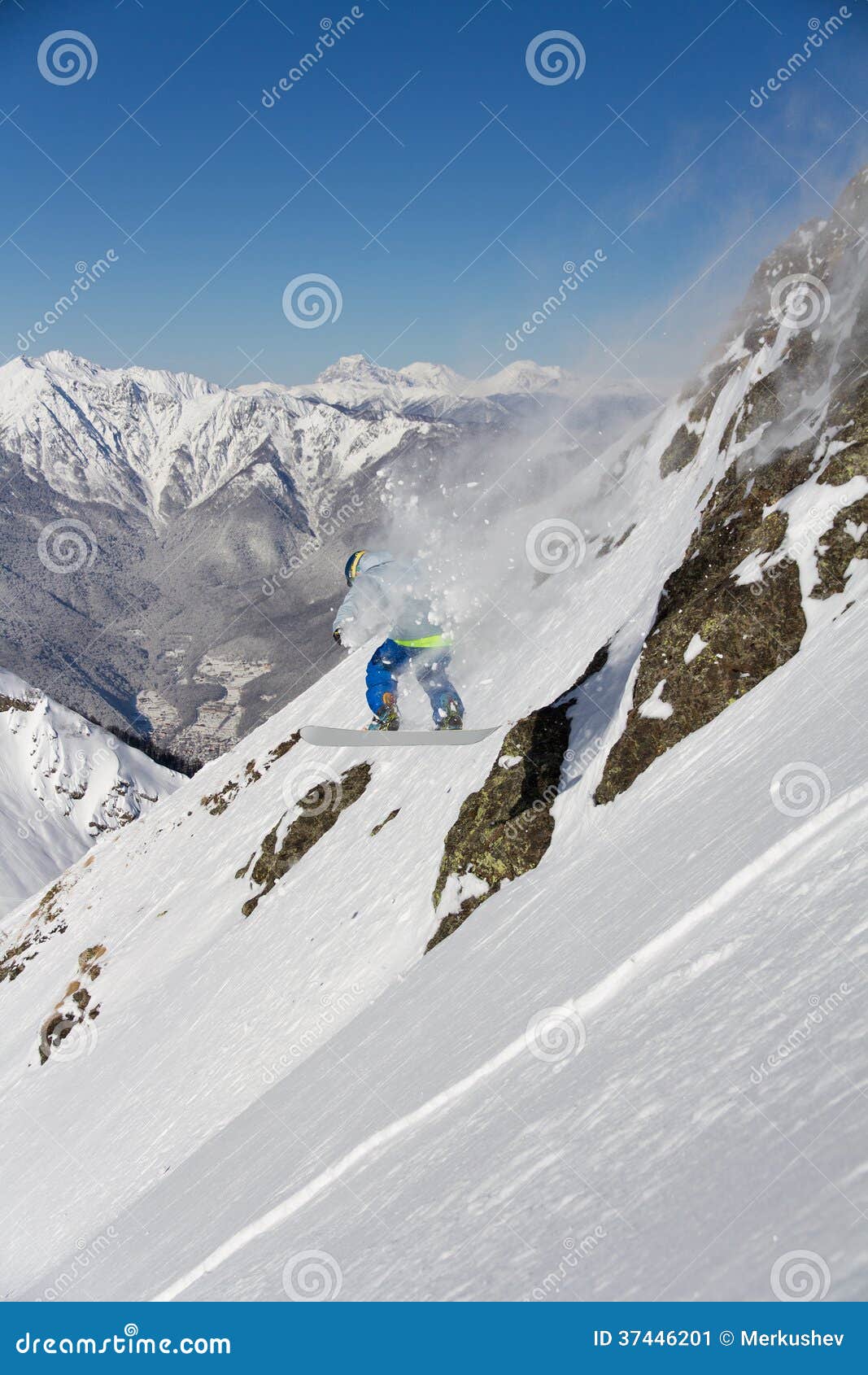 Snowboard freerider stock image. Image of drop, blue - 37446201