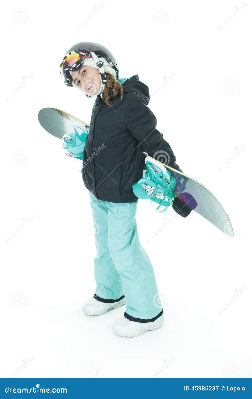 Snowboard girl stock image. Image of studio, goggles - 45986237