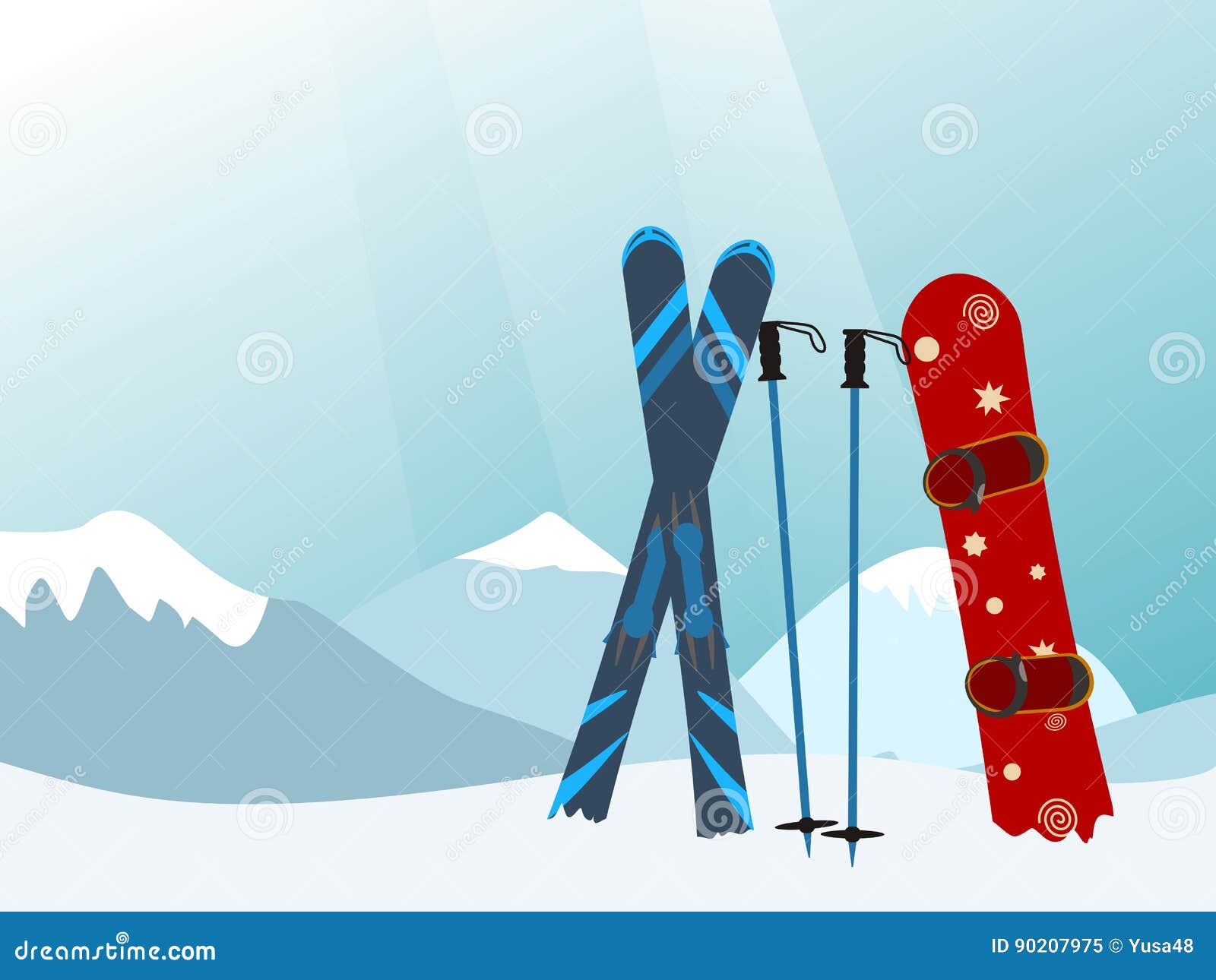 Snowboard and Ski in the Ski Mountain Resort. Vector Illustration Stock ...