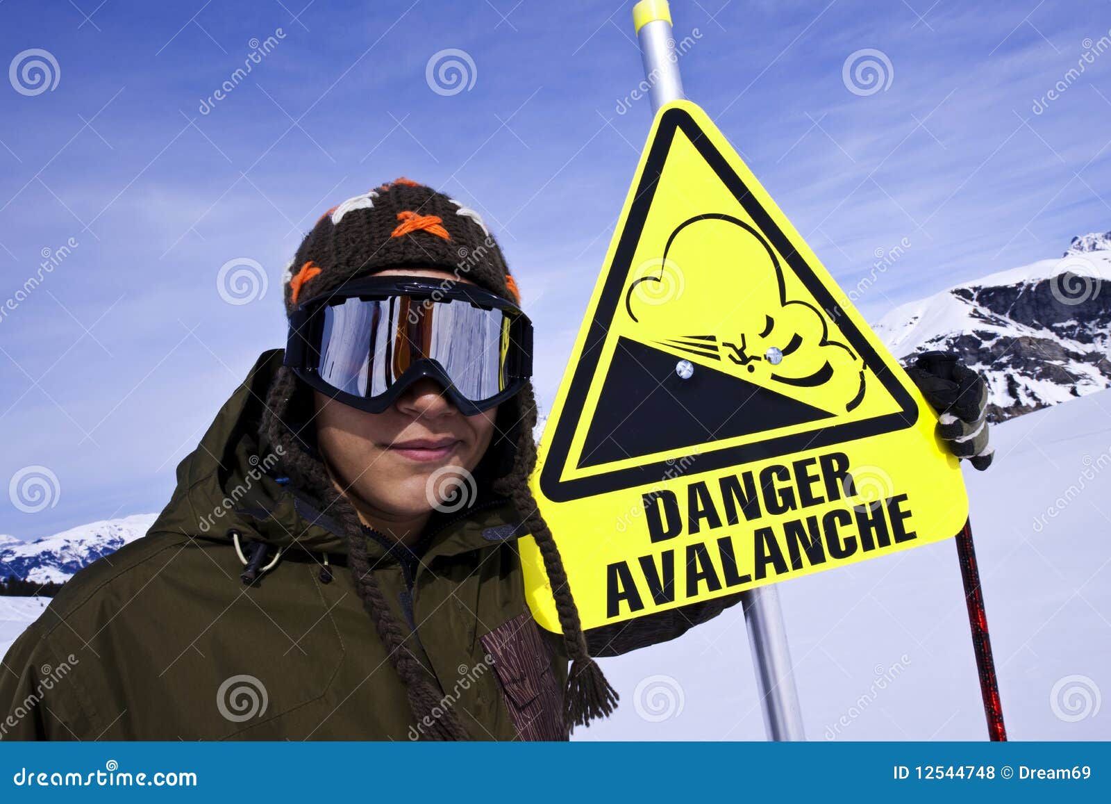 Snowboarder and Danger Sign in Ski Station Stock Photo - Image of ...