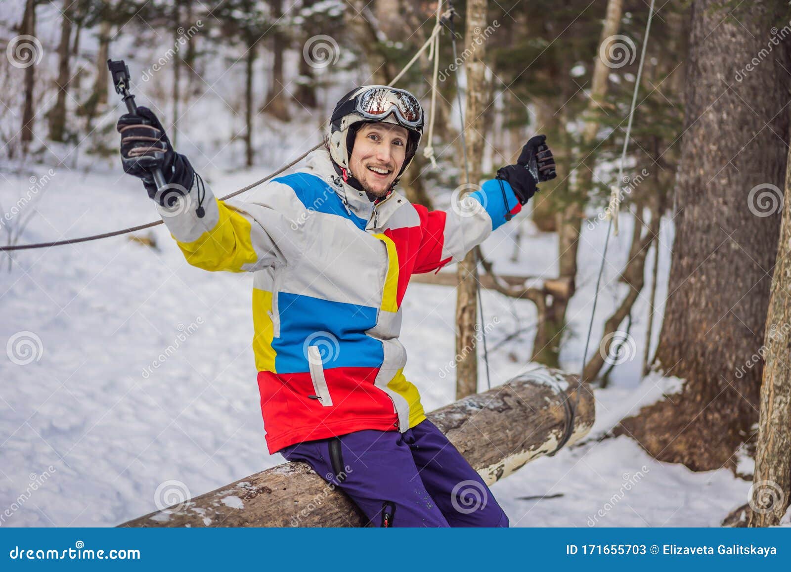 Snowboarder Resting in the Forest after Snowboarding. Stock Image ...