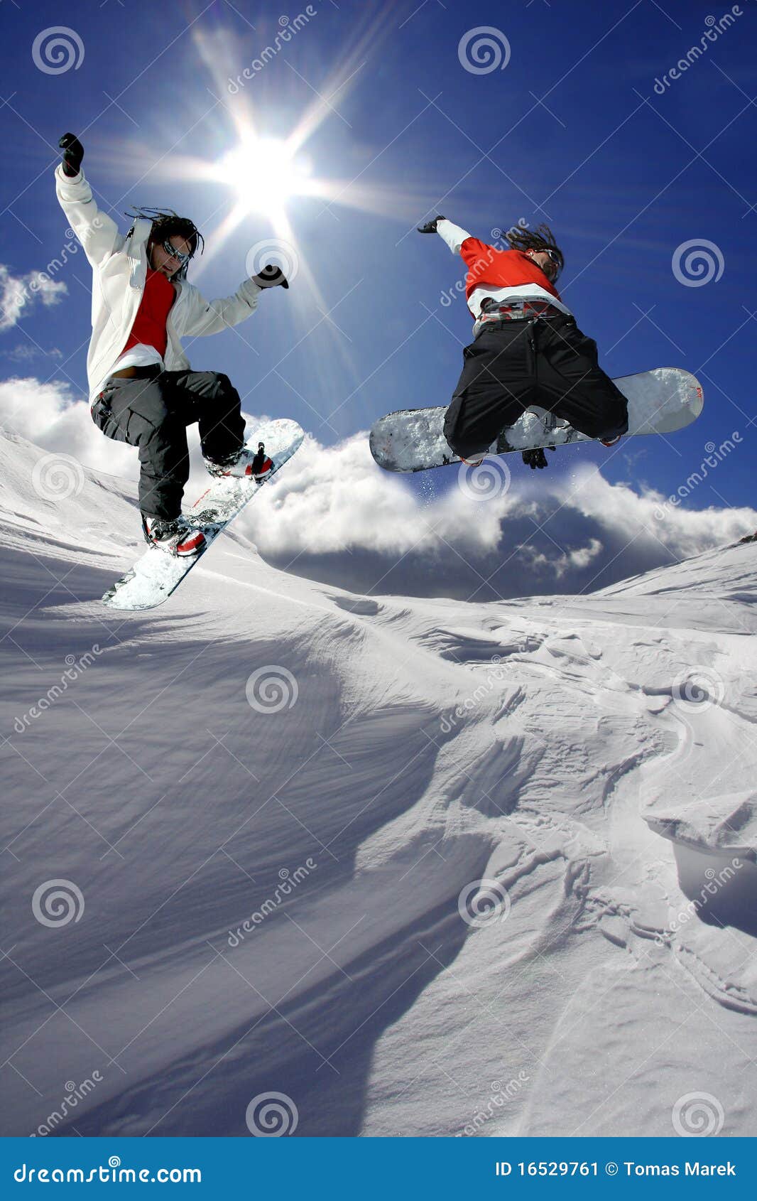 Snowboarders Jumping Against Sun Stock Image - Image of alpine ...