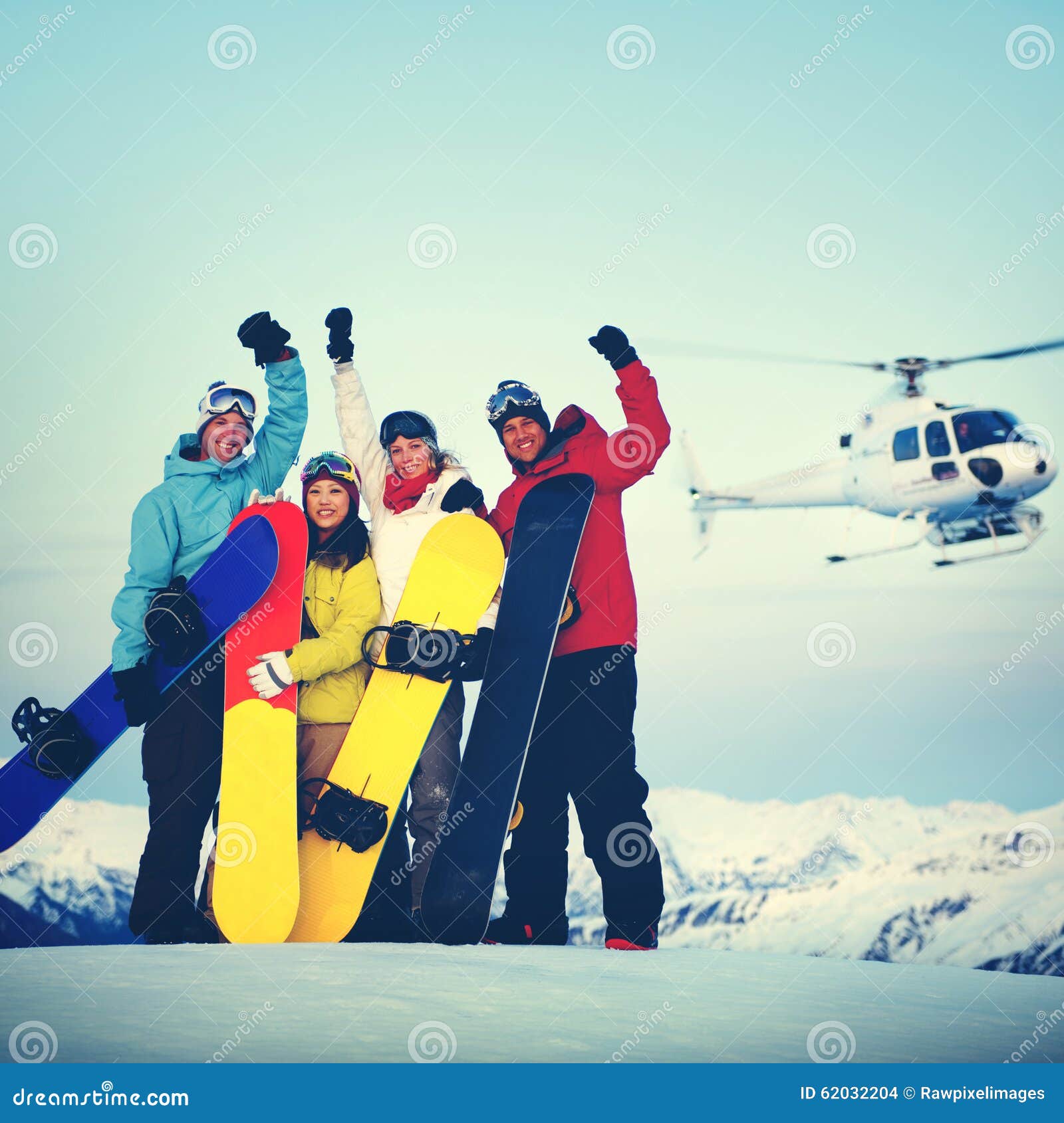 Snowboarders Mountain Ski Extreme Helicopter Concept Stock Photo ...