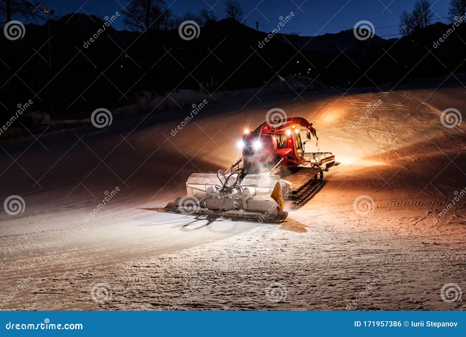 Snowcat Ratrack Machine Making Night Snow at Ski Resort Stock Photo ...