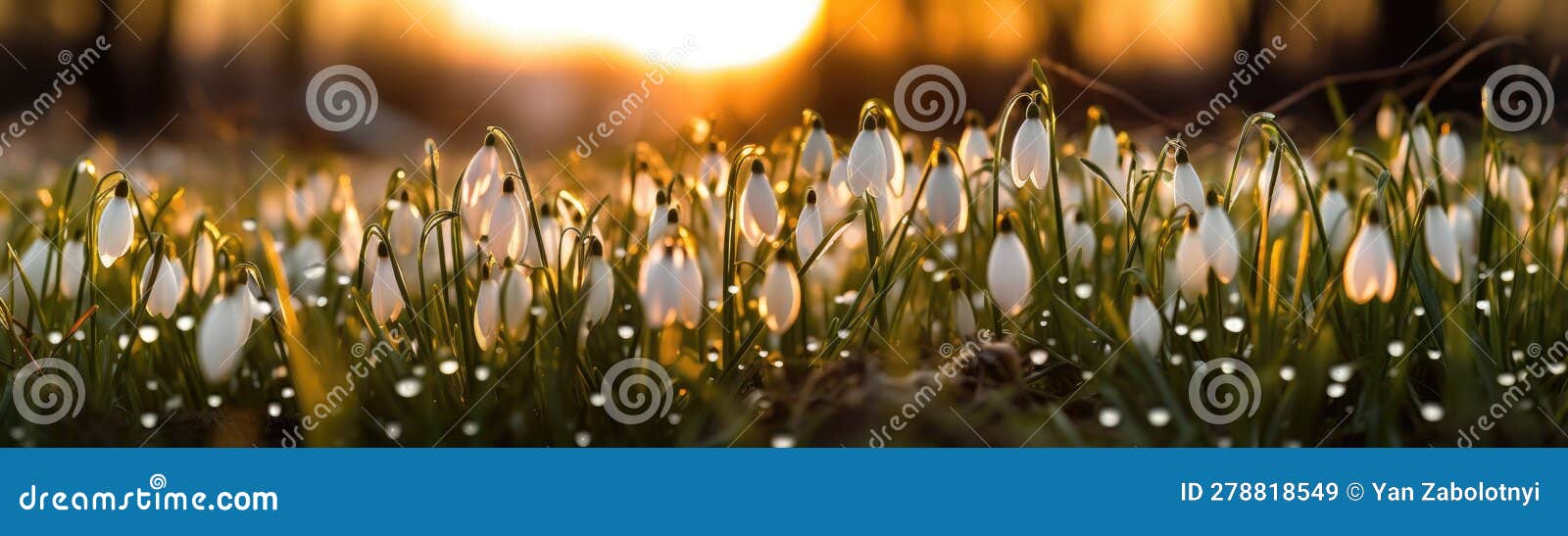 Snowdrops Field Blurred Sunrise Banner Background. Generative AI Stock ...