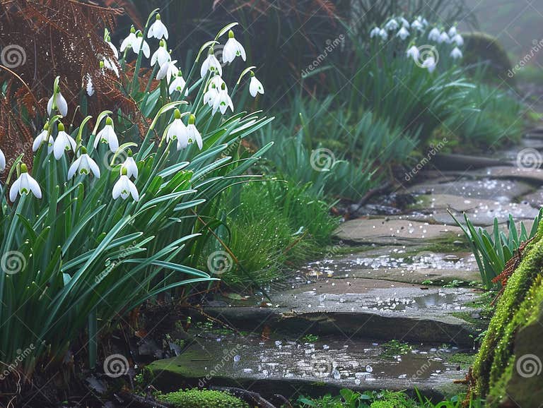 Snowdrops Flourish beside a Stone Path in a Tranquil Rustic Stock Image - Image of environment ...