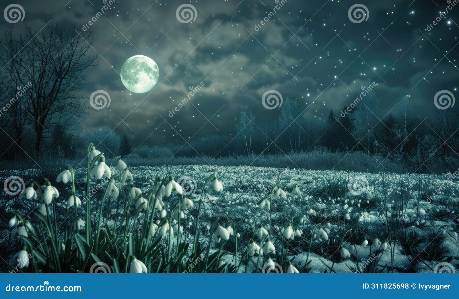 Snowdrops in a Meadow Under the Moonlight Stock Photo - Image of green ...