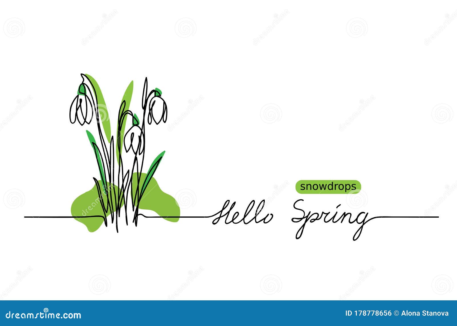 Snowdrops Vector Sketch and Lettering Hello Spring. First Flowers One ...
