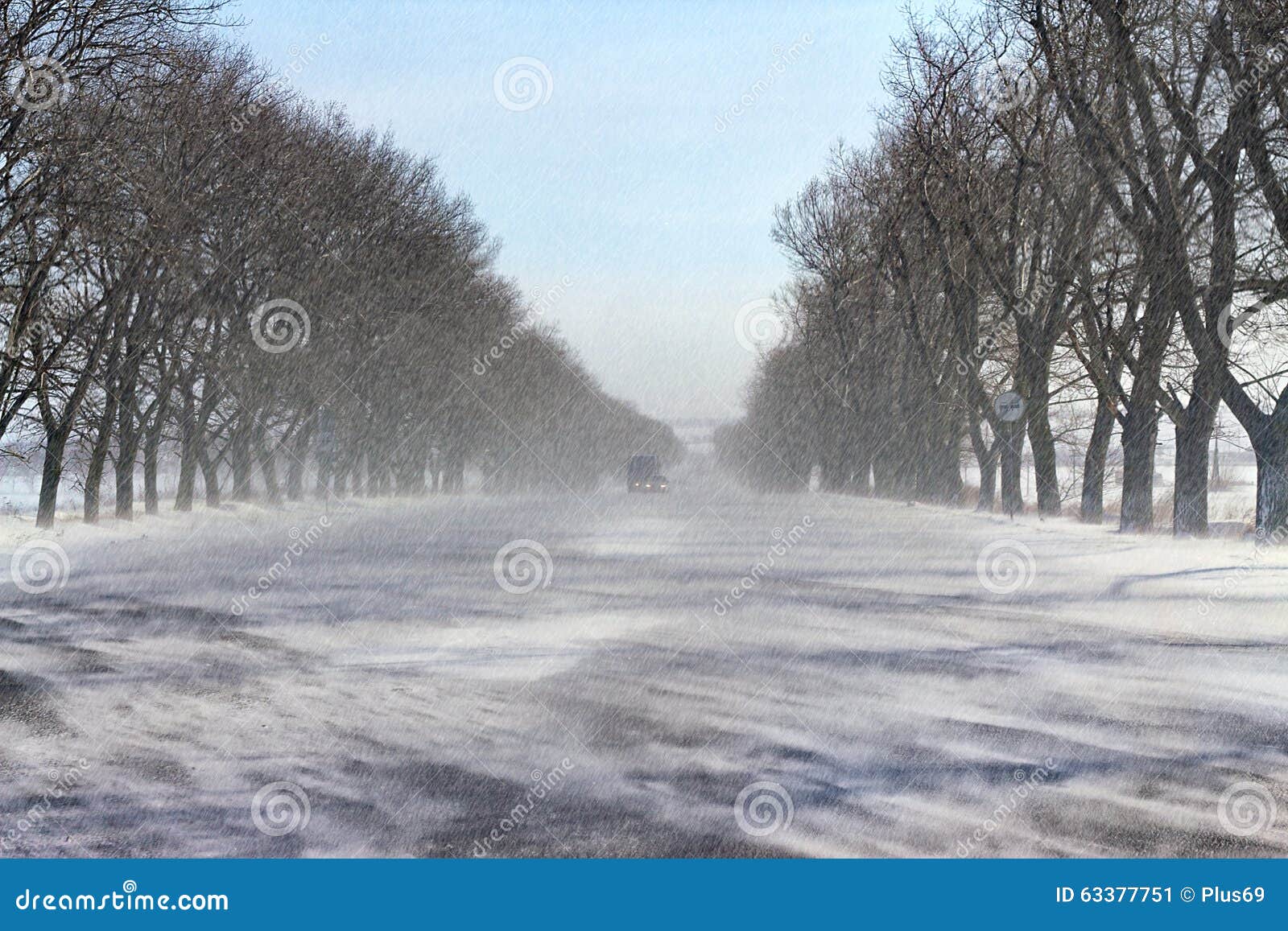 Snowfall and Blowing Snow on Winter Road Stock Image - Image of storm ...