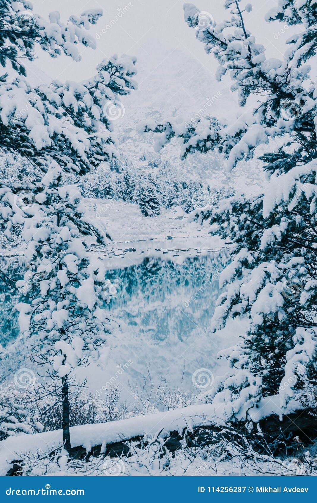 Snowfall on the Mountain Lake Stock Image - Image of christmas, blue ...