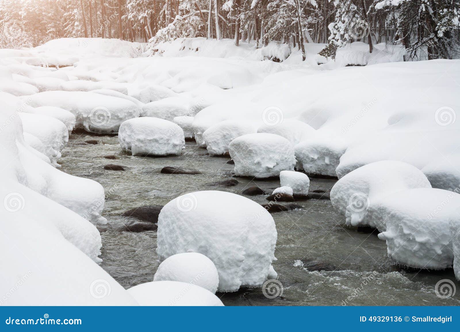 Snowfall on the Mountain River Stock Photo - Image of outdoor ...