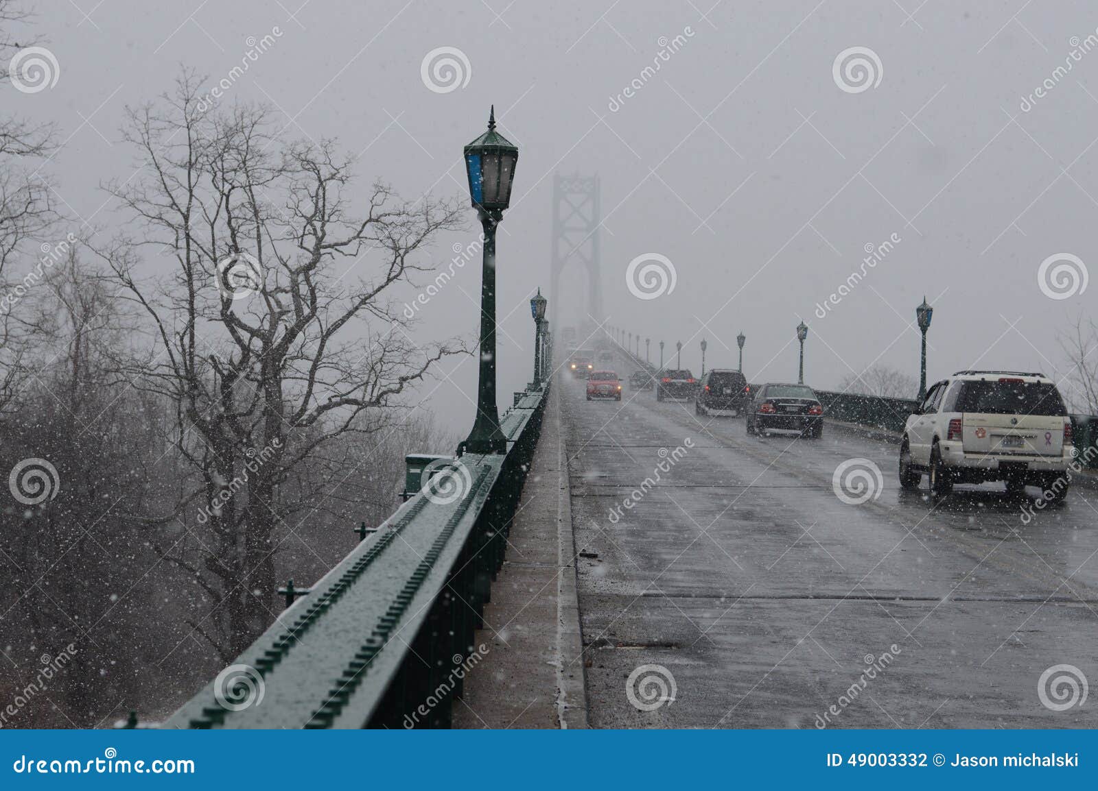 Snowfall Over Mount Hope Bridge Stock Photo - Image of bridge ...