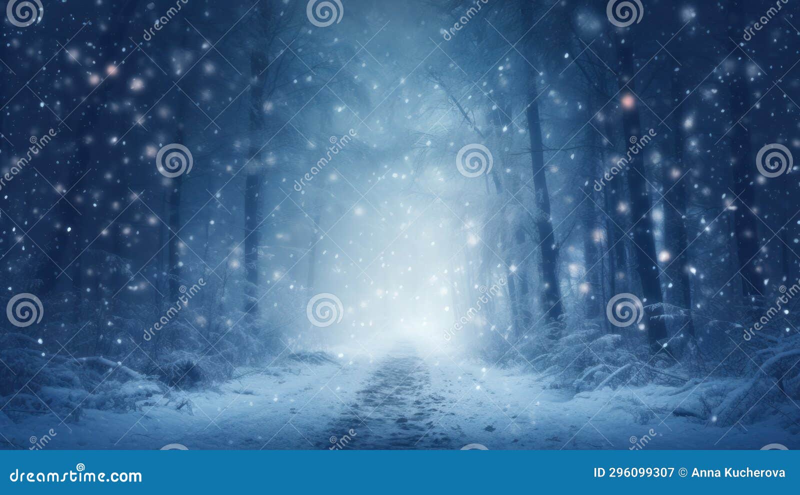 Snowfall In A Serene Winter Forest With Tall, Shadowy Trees Along A ...