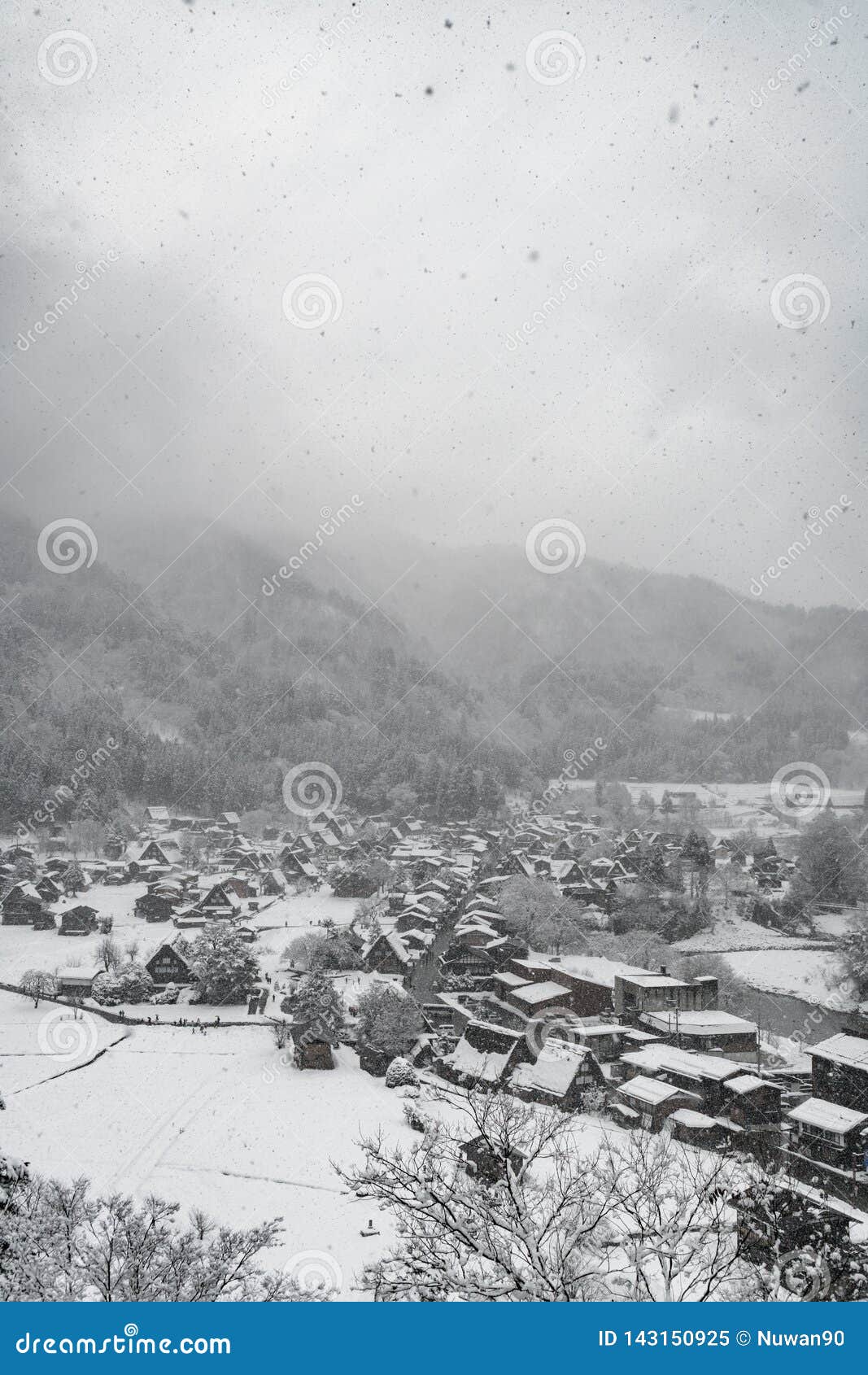 Snowfall at Small Town in Valley Mountain, Winter Season Stock Image ...