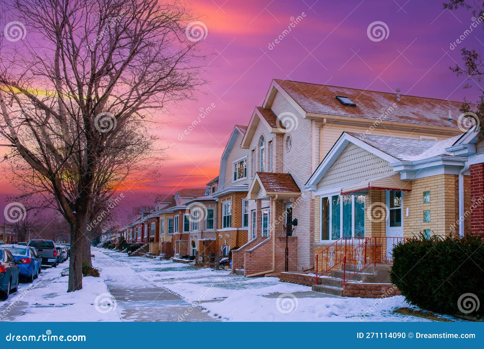Snowfall in the Village, Sunset Stock Photo - Image of crop, birds ...