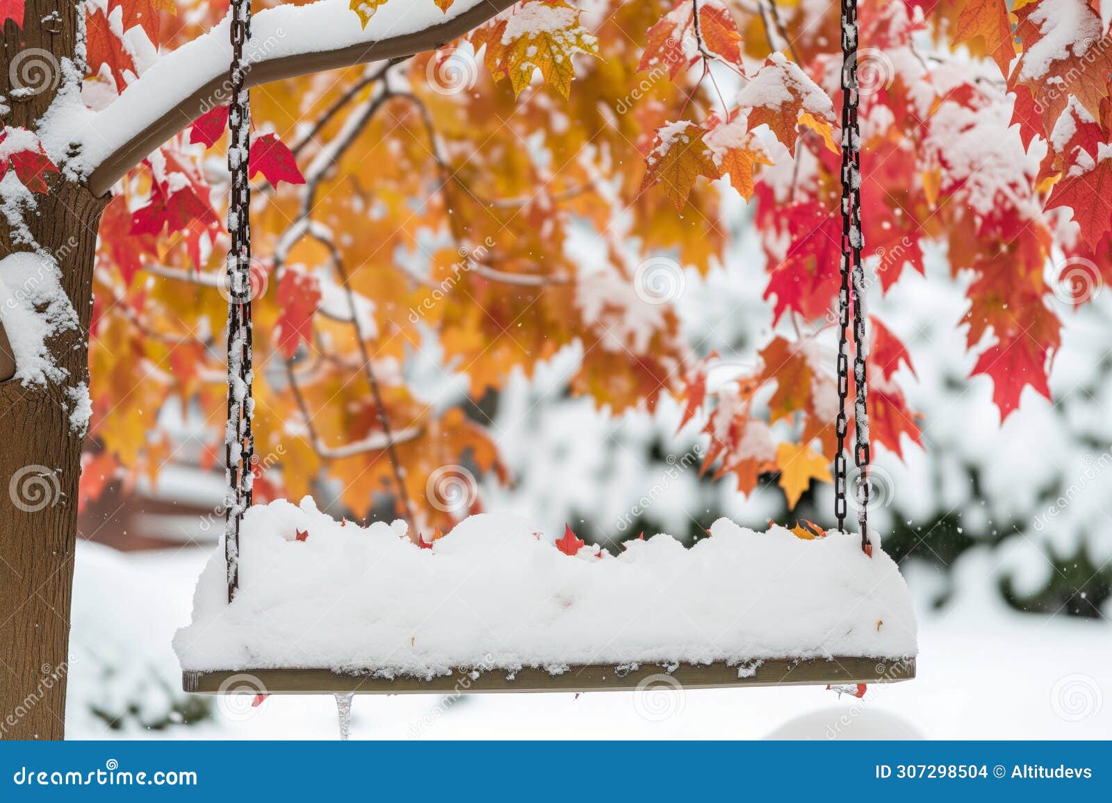 Snowfilled Tree Swing with a Backdrop of Red and Gold Leaves Stock ...