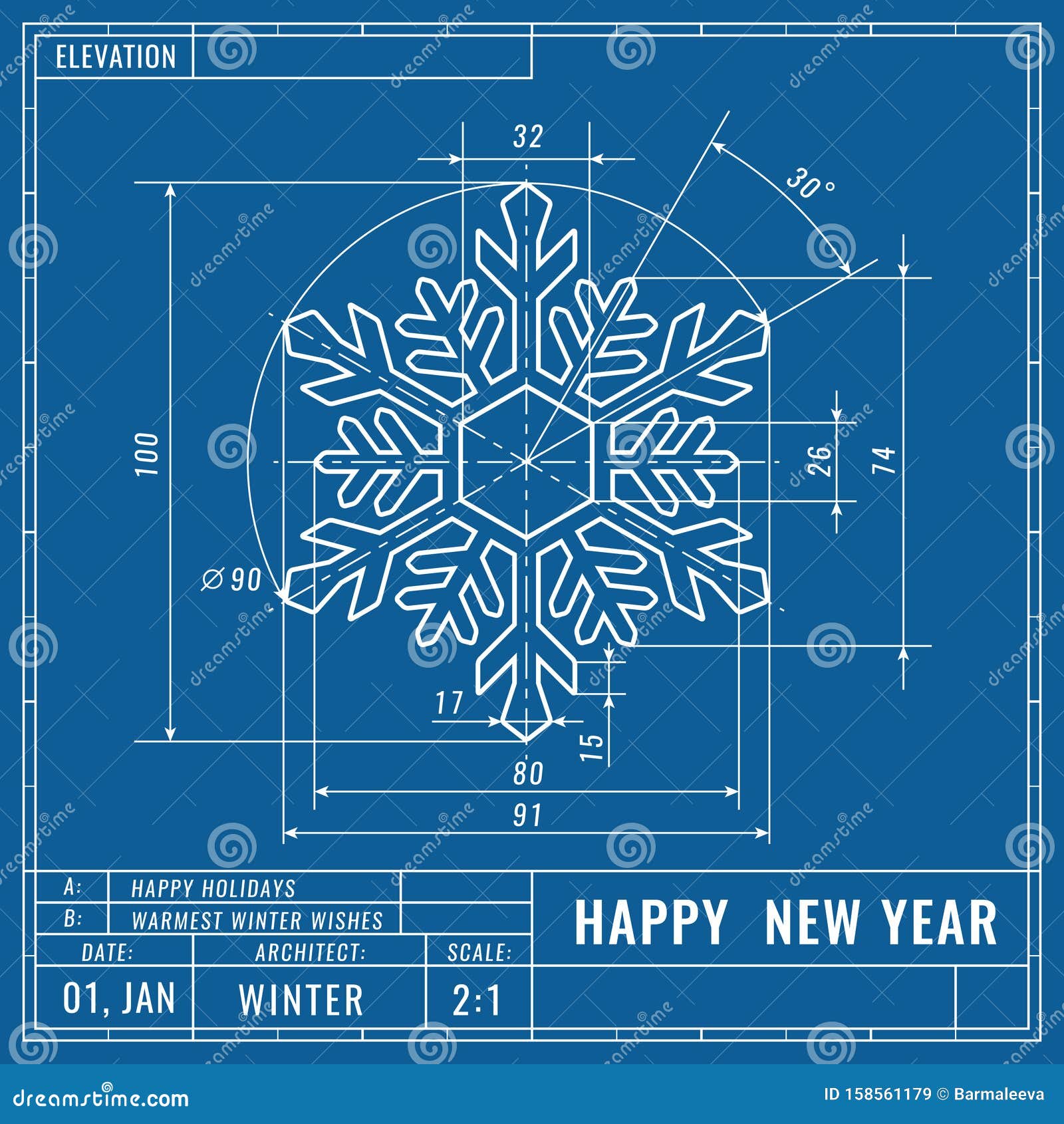 Snowflake As Technical Blueprint Drawing. Christmas Technical Concept ...