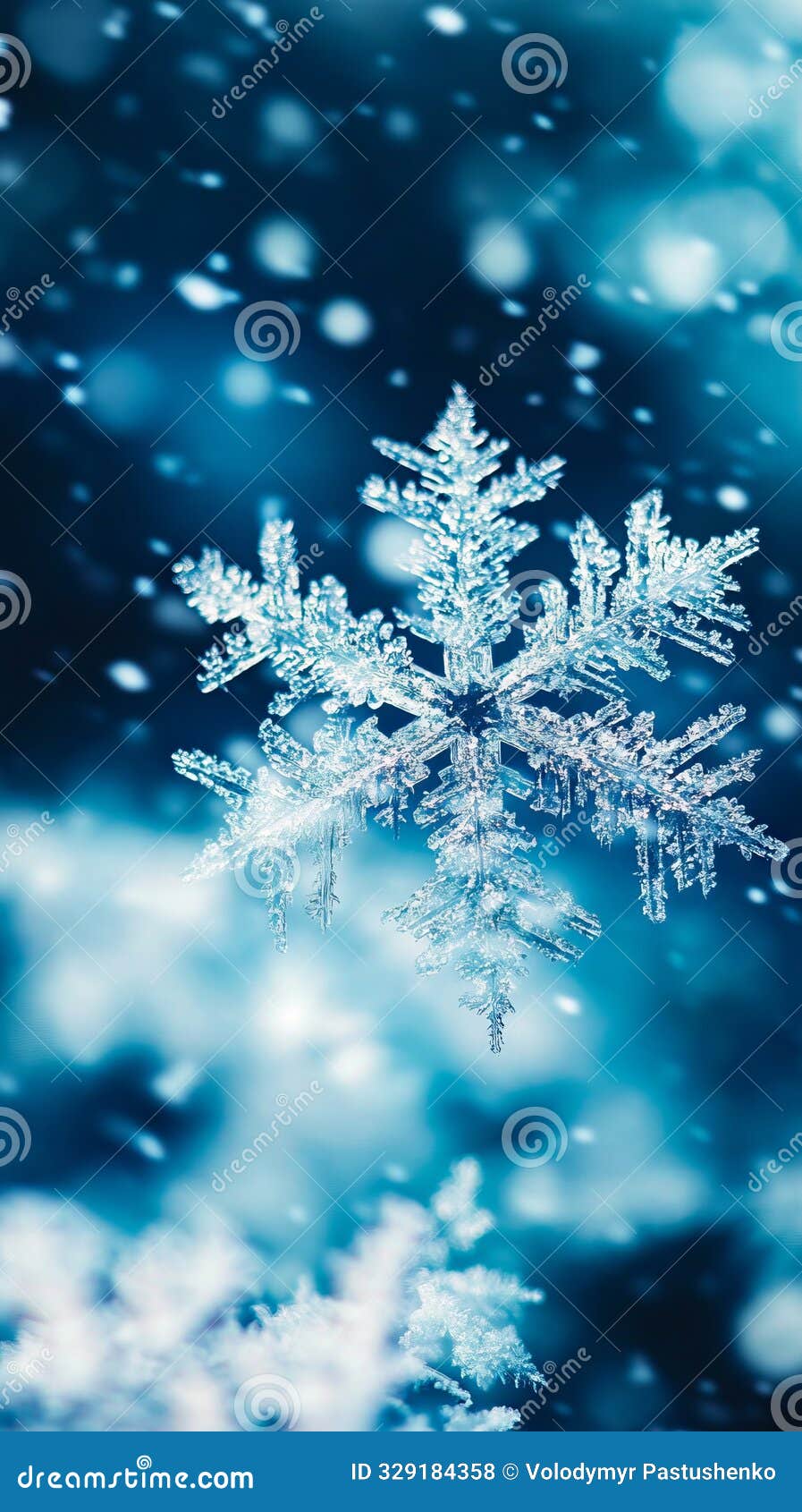 A Snowflake on a Blue Background with Snowflakes Falling from the Sky ...