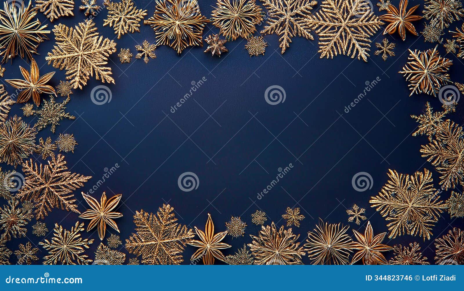 Snowflake Frame, Card Template, Golden Line Art on Navy Background ...