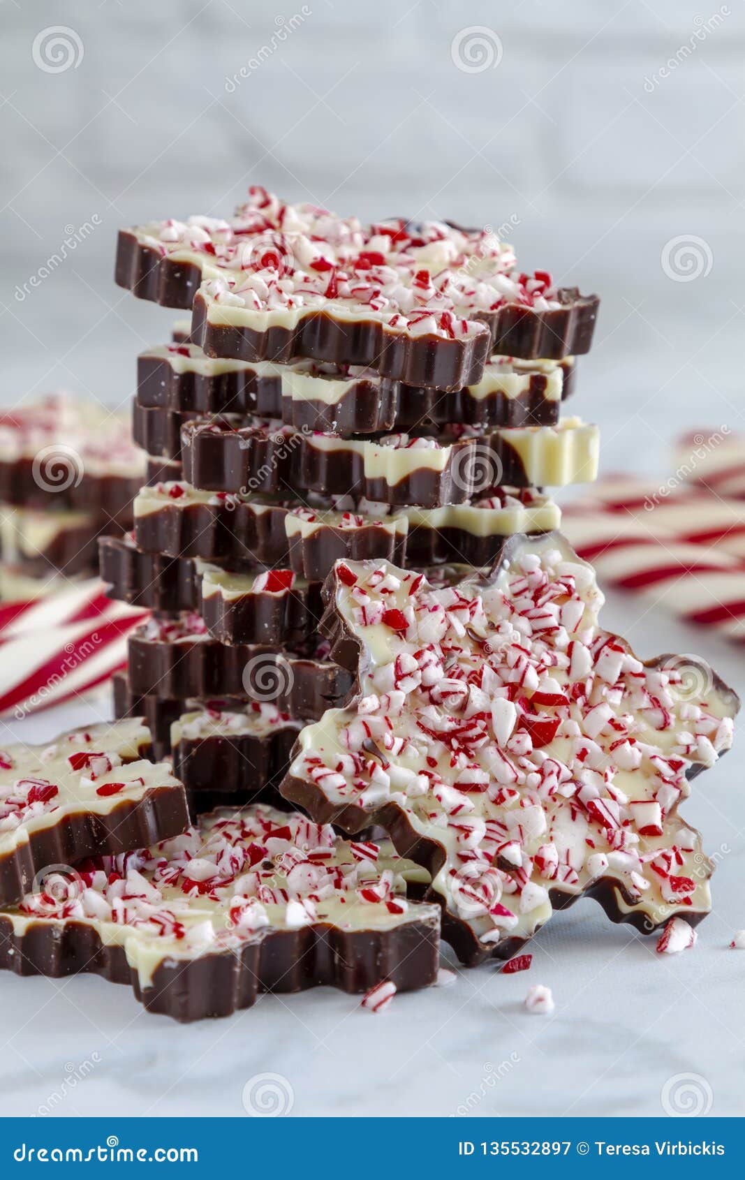 Snowflake Shaped Chocolate Peppermint Bark Candies Stock Image - Image ...