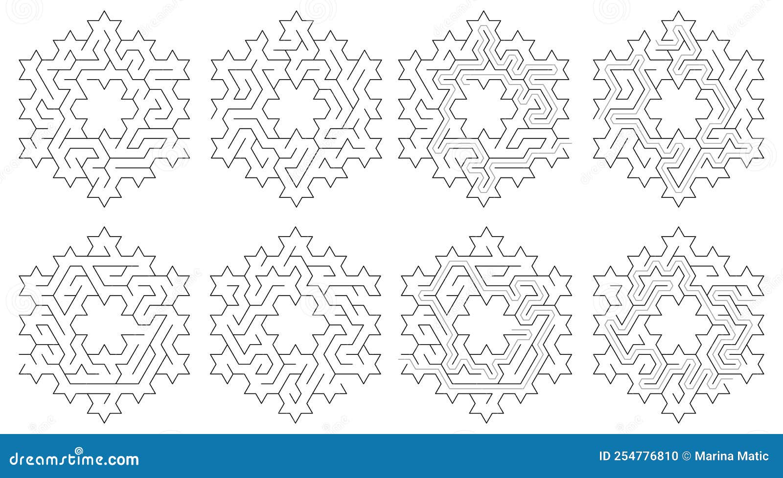 Snowflake Shaped Mazes with Snowflake Core and 12 Spikes Stock Vector - Illustration of mazes ...
