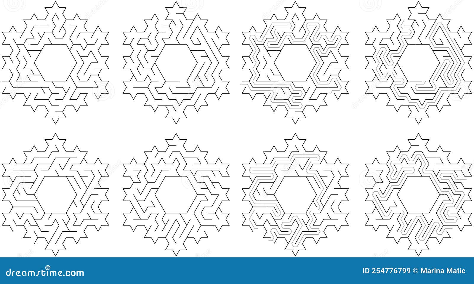 Snowflake Shaped Mazes with Hexagon Core and 12 Spikes Stock Vector ...