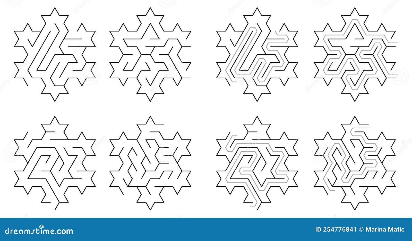 Snowflake Shaped Mazes with Three Spikes Stock Vector - Illustration of ...