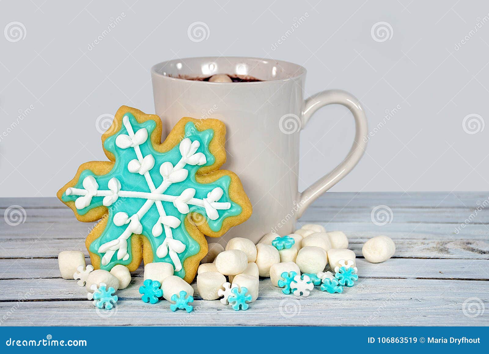 Snowflake Sugar Cookie with Hot Cocoa Drink Stock Image - Image of gray ...
