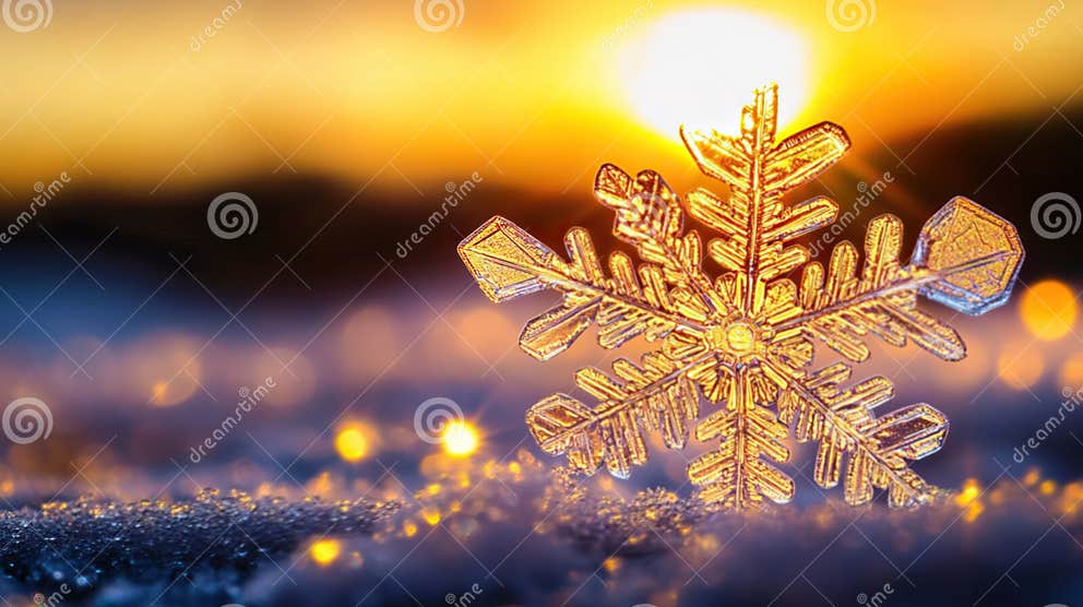 A Snowflake on Sunset Background, Intricate Crystalline Structure ...