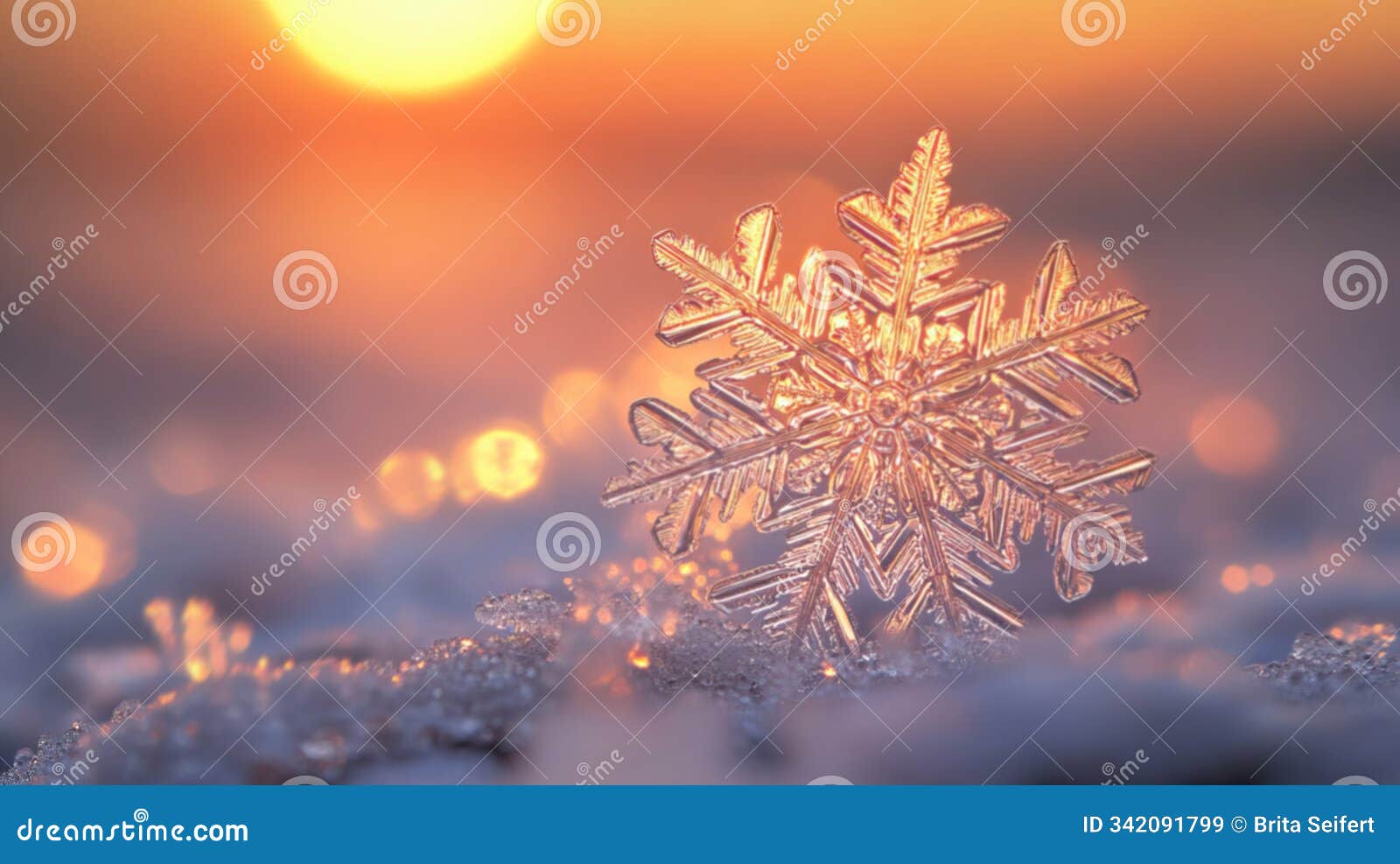 A Snowflake on Sunset Background, Intricate Crystalline Structure ...